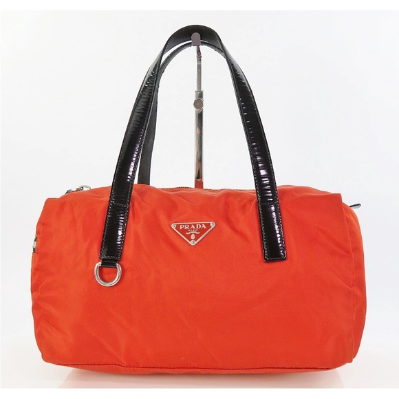 Prada | Bags | Prada Vibrant Orange Tote With Glossy Black Straps ...